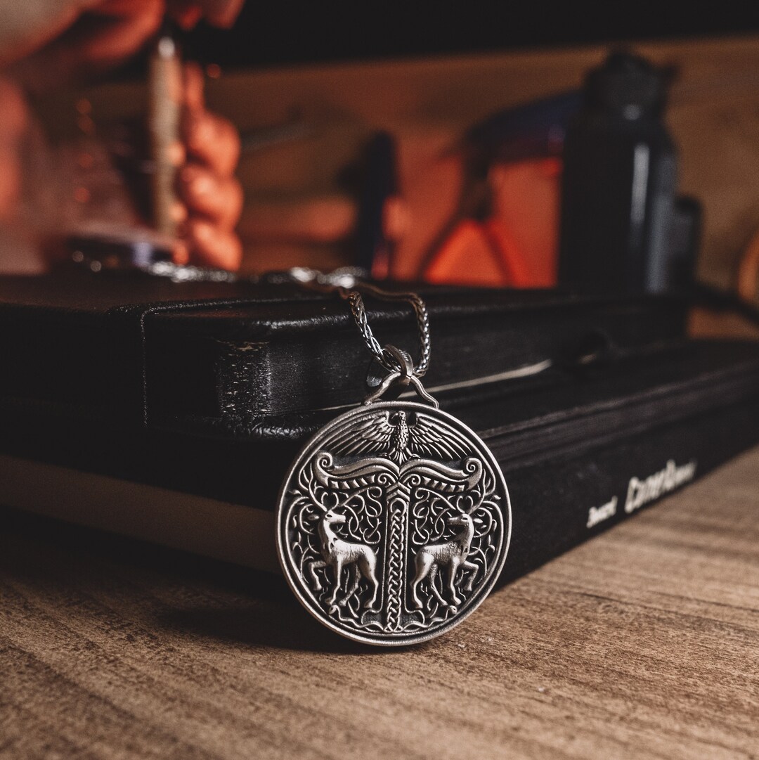 Raven and Eikthyrnir Deer in Coin Medallion, Norse Symbols Sterling ...