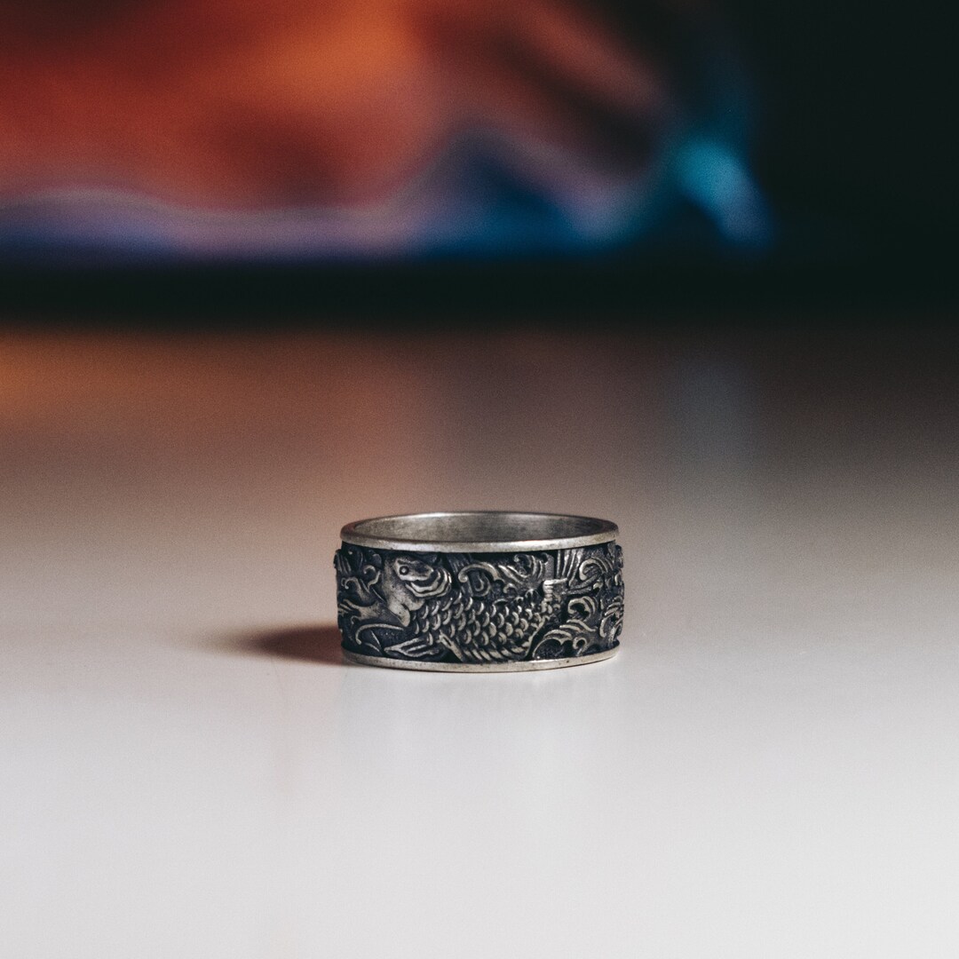 Sterling Silver Nature Ring, Carp and Waves 925 Silver Wedding Ring ...
