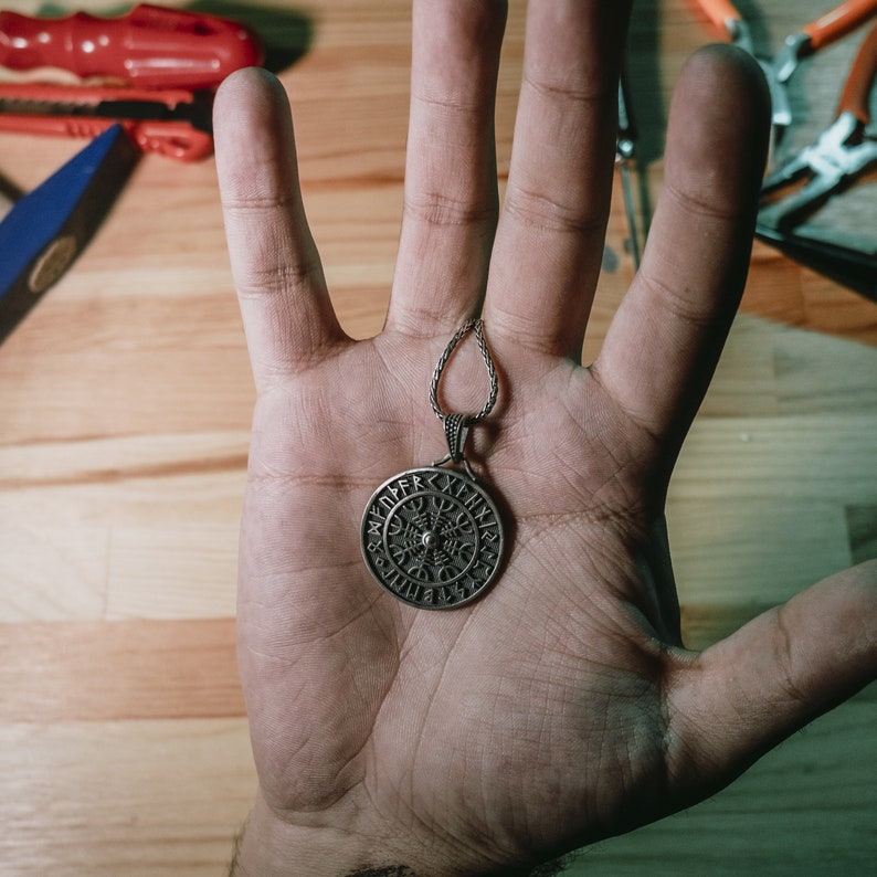 Silver Nordic Compass and Norse Runes Coin Necklace, Nordic Vegvisir ...