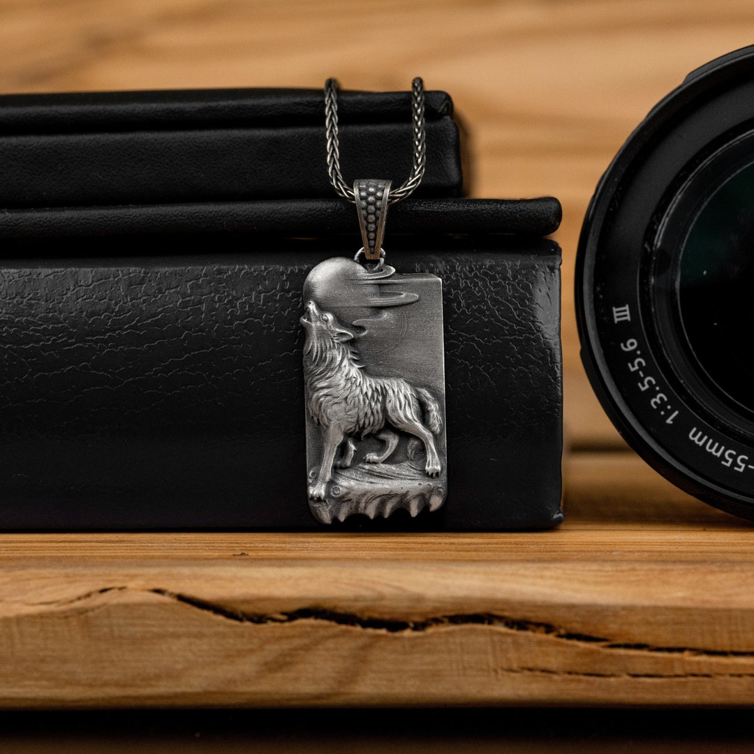 Celtic Wolf and Mountain Silver Men Necklace , Rustic Mountain Hiking ...