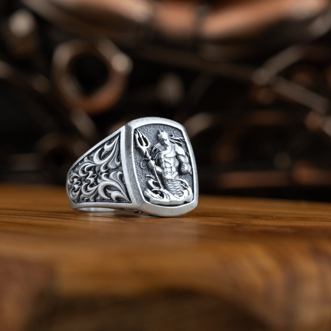 Poseidon Signet Ring From Greek Mythology for Men, Poseidon With ...