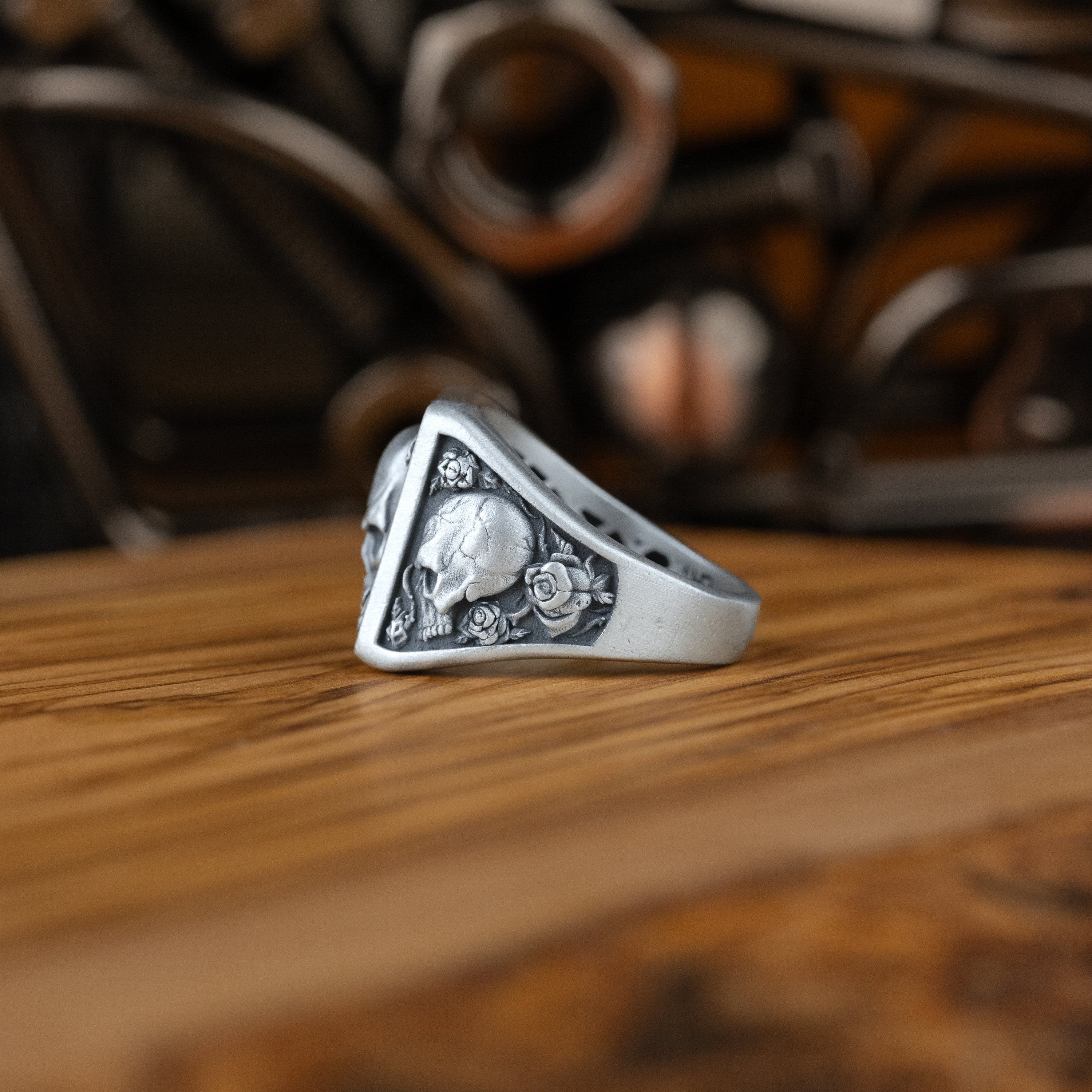 Skull and Rose One of A Kind Silver Men Ring, Floral Signet Ring for ...