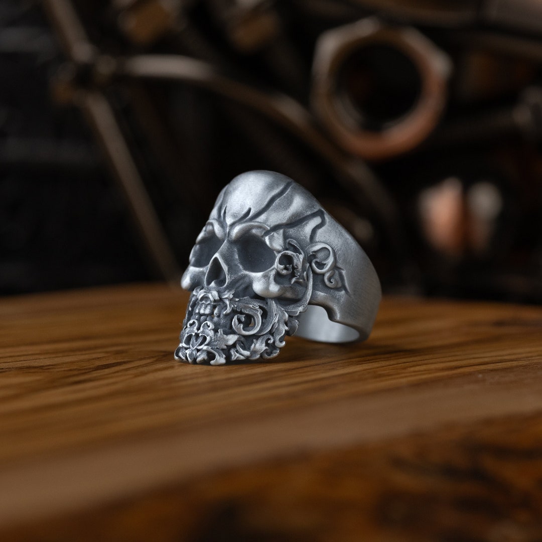 Skull Head Beard Pattern Men Ring, Unique Skull Ring, Sterling Silver ...
