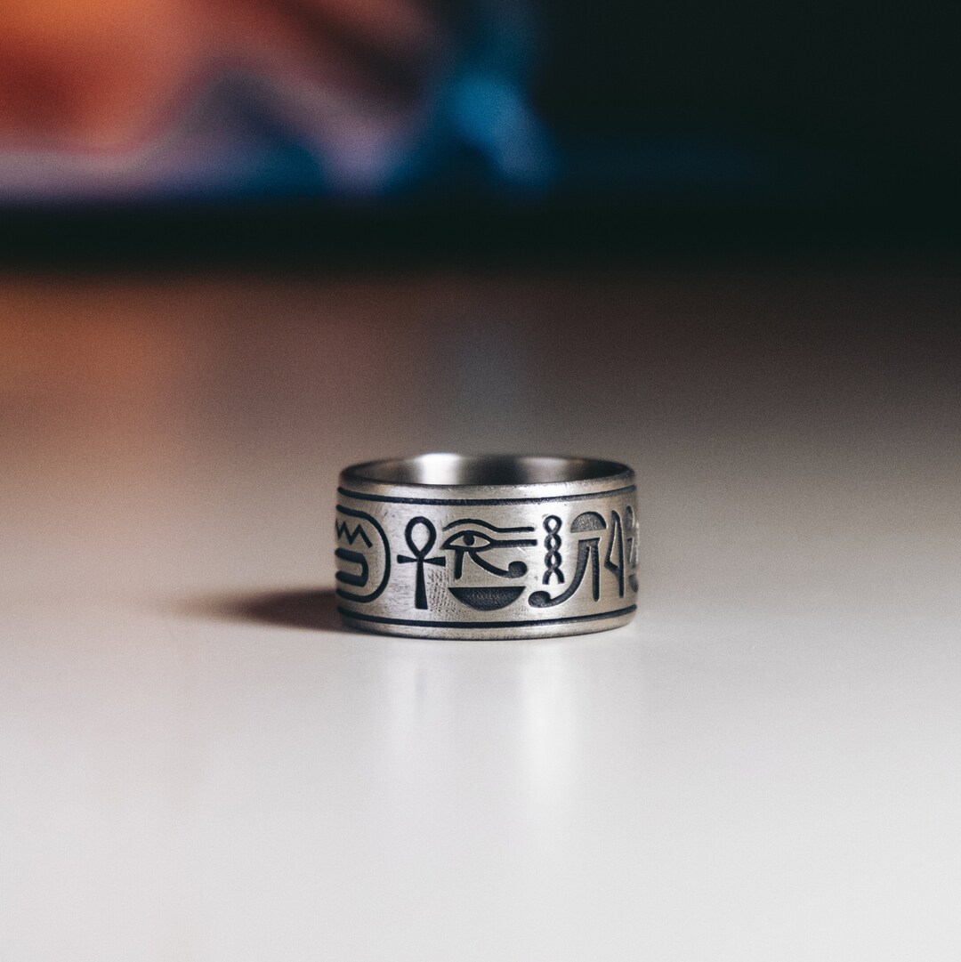 Egyptian Hieroglyphs Eye of Horus and Ra Band Ring in 925 Sterling ...