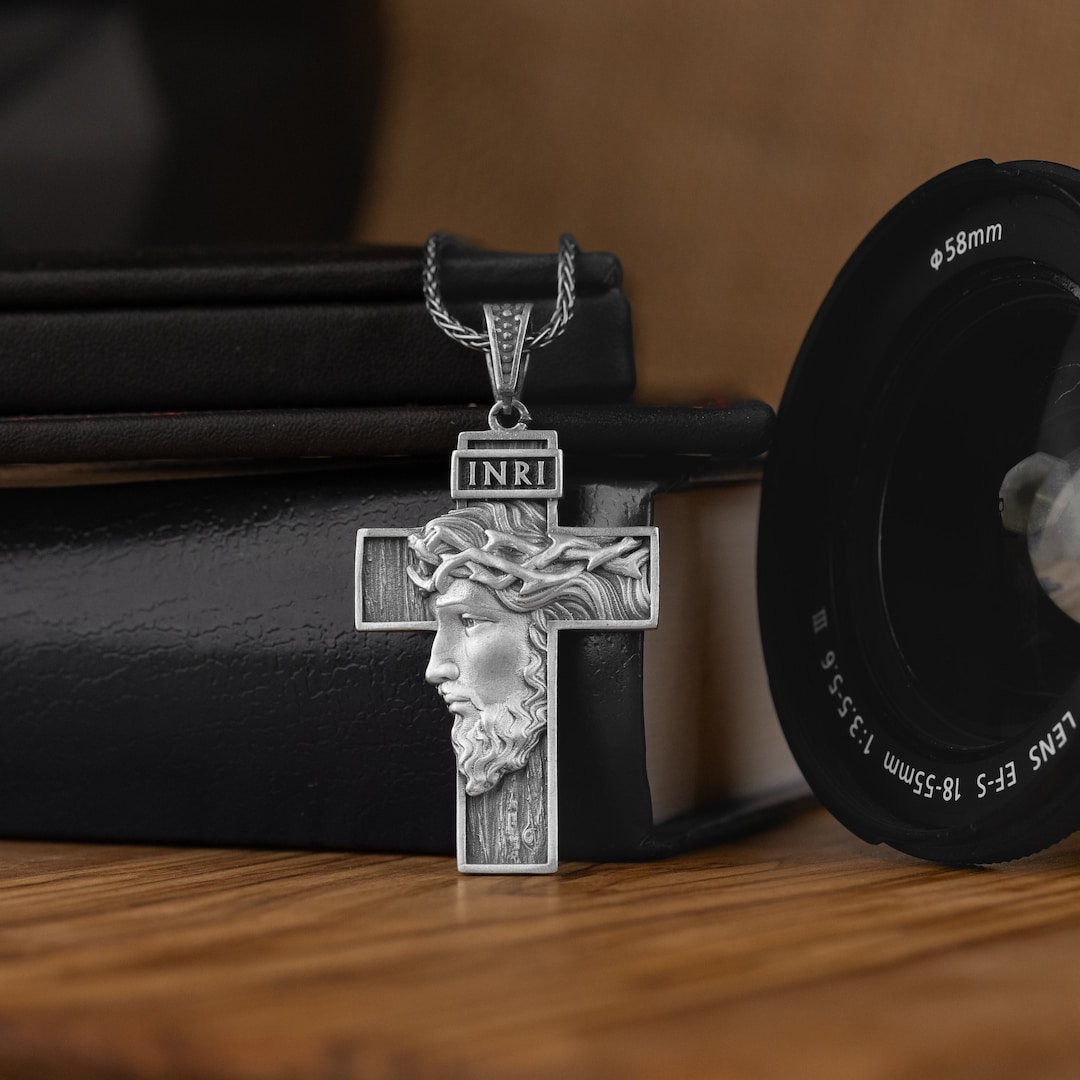 Crown of Thorns Jesus Cross Silver Necklace, Son of God Jesus INRI ...