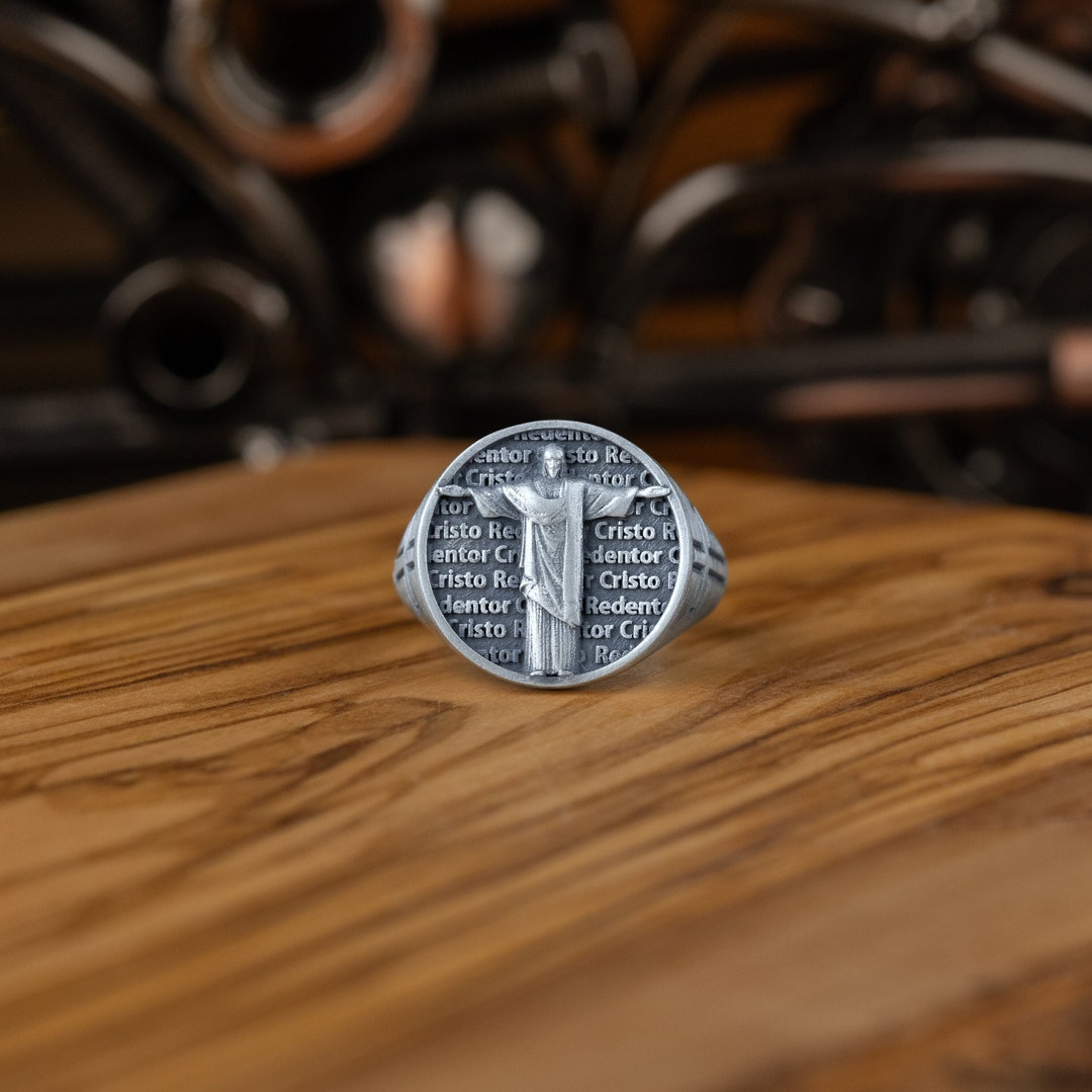 Cristo Redentor Signet Christian Silver Men Rings, Sterling Silver ...