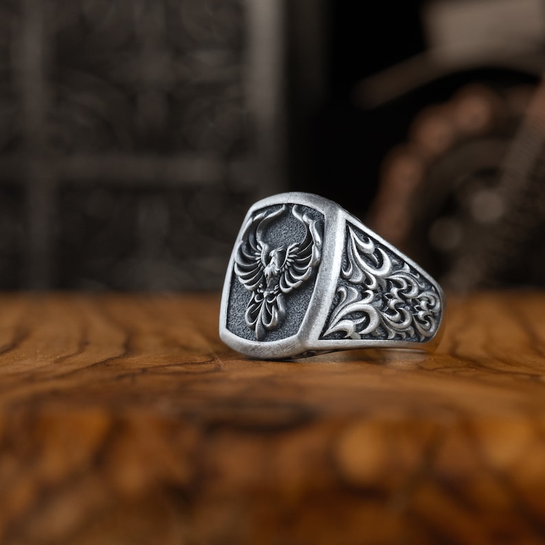 Signet Phoenix Men Minimalist Ring in Silver, Greek Mythology Fire Bird ...