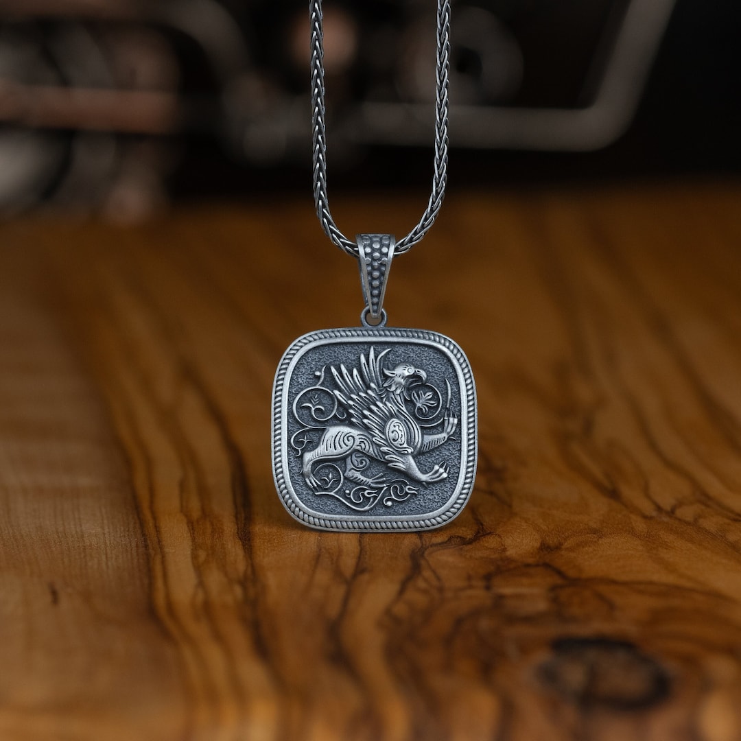 Handcrafted Gryphon Necklace Silver Griffin Pendant, Medieval Charm Men ...