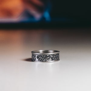 Leaf and Flower Engraved Band Ring for Men, Handmade Floral Mens ...