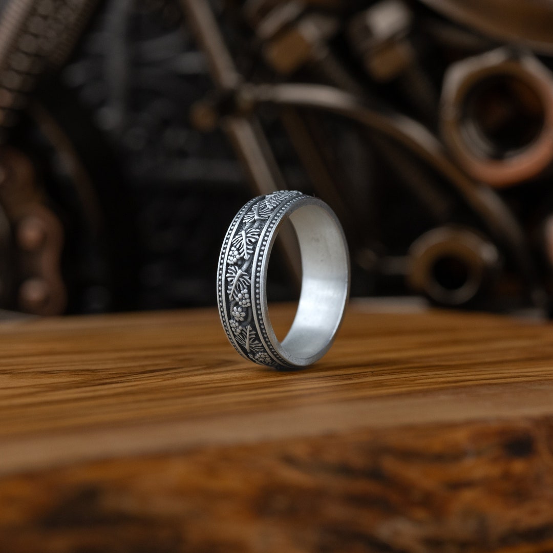 Silver Grape Branch Wedding Men Band Ring, the Grapes Handmade Sterling ...