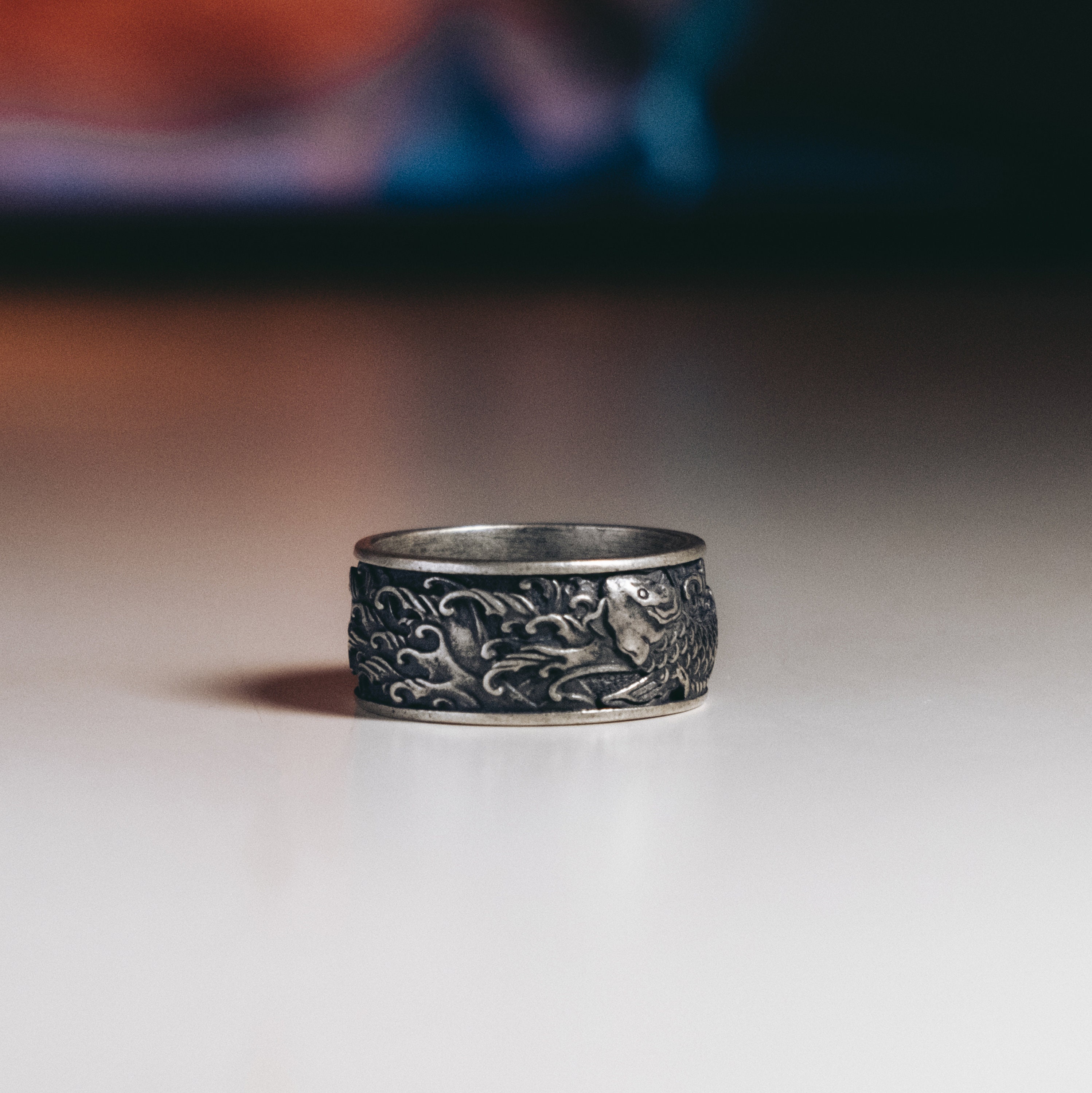 Sterling Silver Nature Ring, Carp and Waves 925 Silver Wedding Ring ...