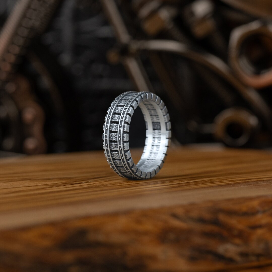 Oxidized Silver Railroad Track Minimalist Mens Band Ring, Train Track ...