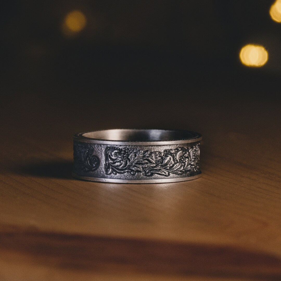 Leaf and Flower Engraved Band Ring for Men, Handmade Floral Mens ...