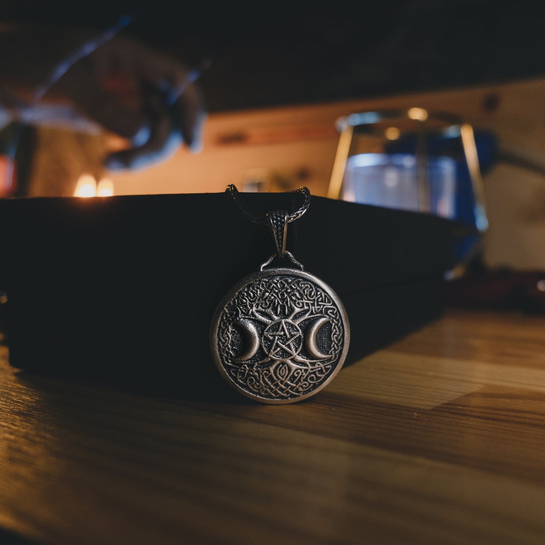 Celtic Double Moon and Tree of Life Necklace, Pentagram Engraved Celtic ...