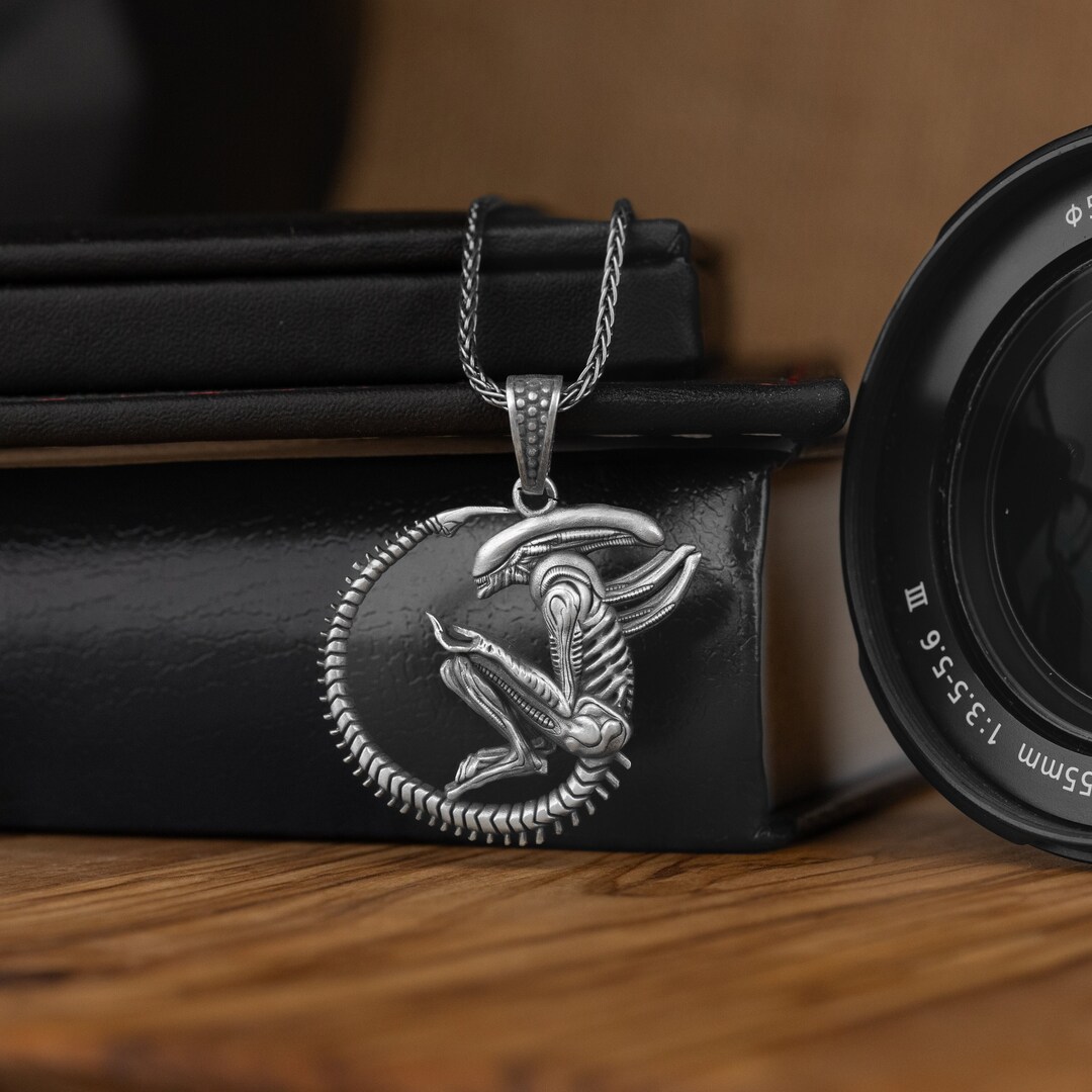 Sitting Alien Silver Men Necklace, Oxidized Sci-fi Necklace for Him ...