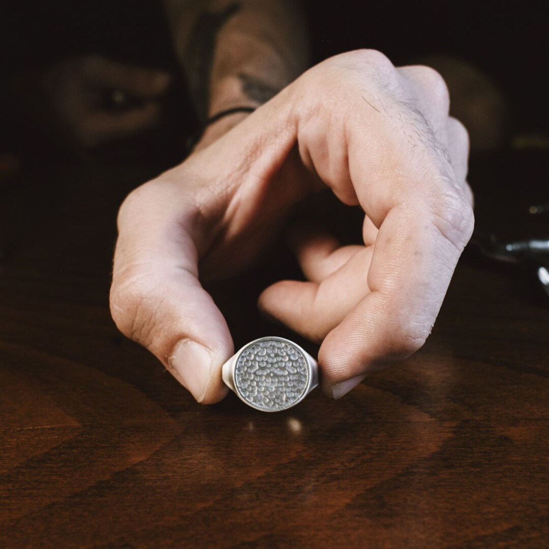 Round Textured Signet Ring for Men in 925 Silver, Unique Mens Signet ...