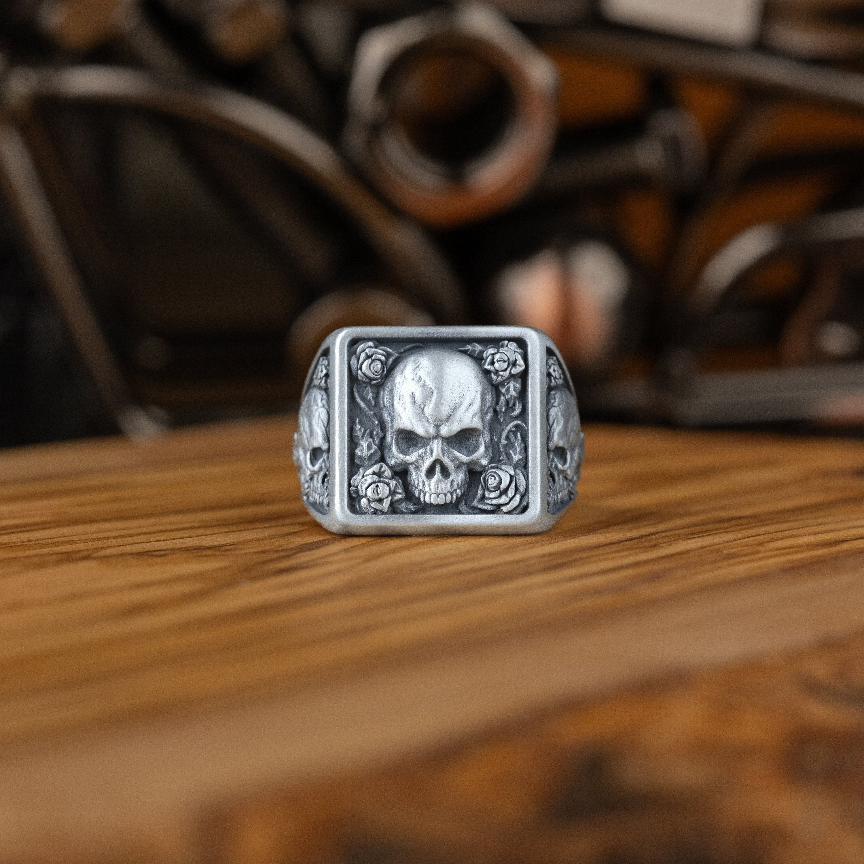 Skull and Rose One of A Kind Silver Men Ring, Floral Signet Ring for ...