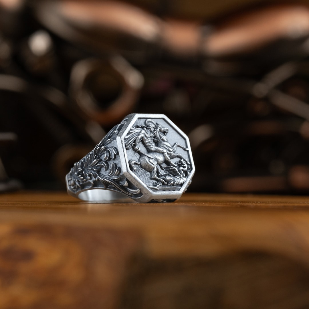 Saint George of Lydda Men Signet Ring With Dragon in Sterling Silver ...