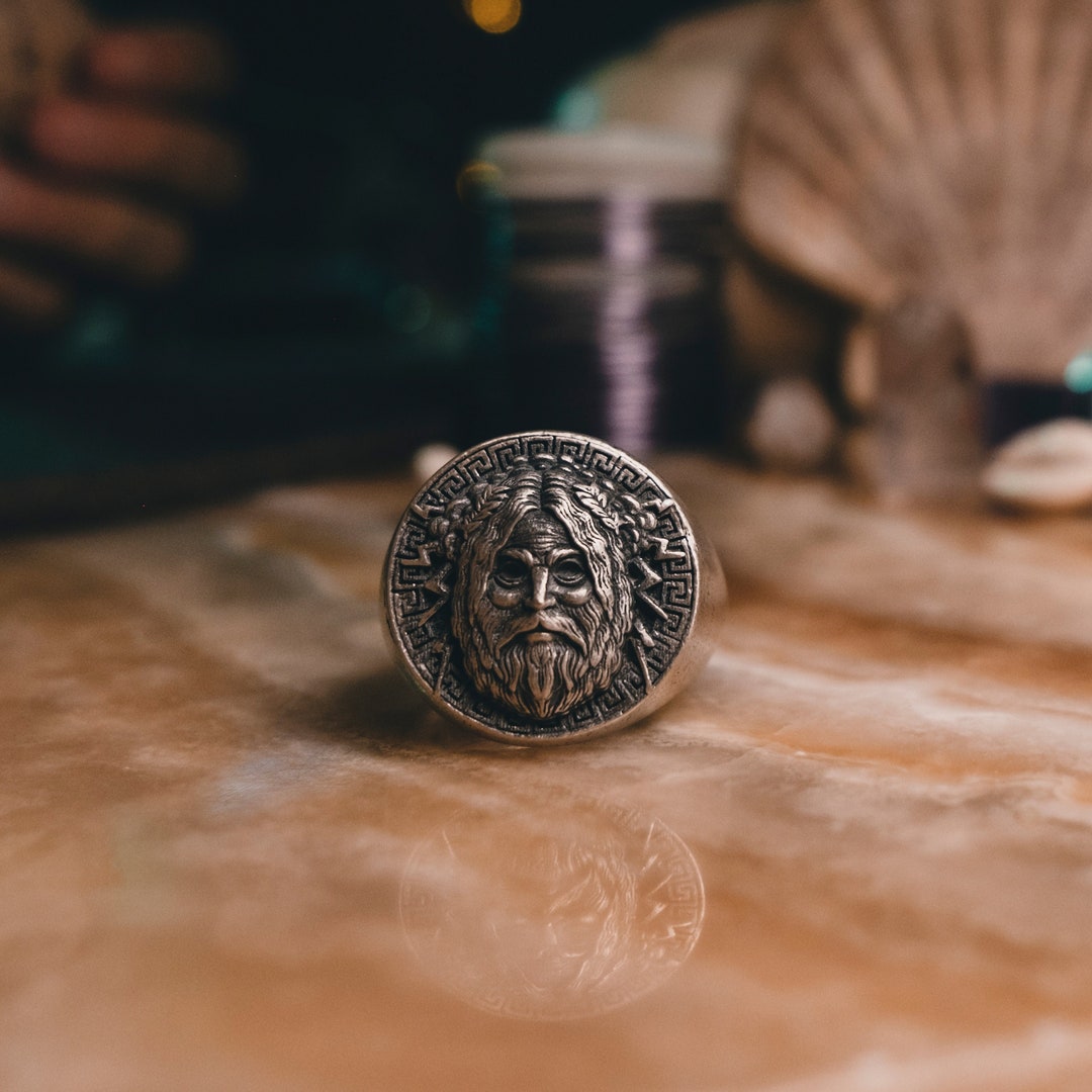 Zeus Mens Signet Sterling Silver Ring, Ancient Greek Mythology Meander ...