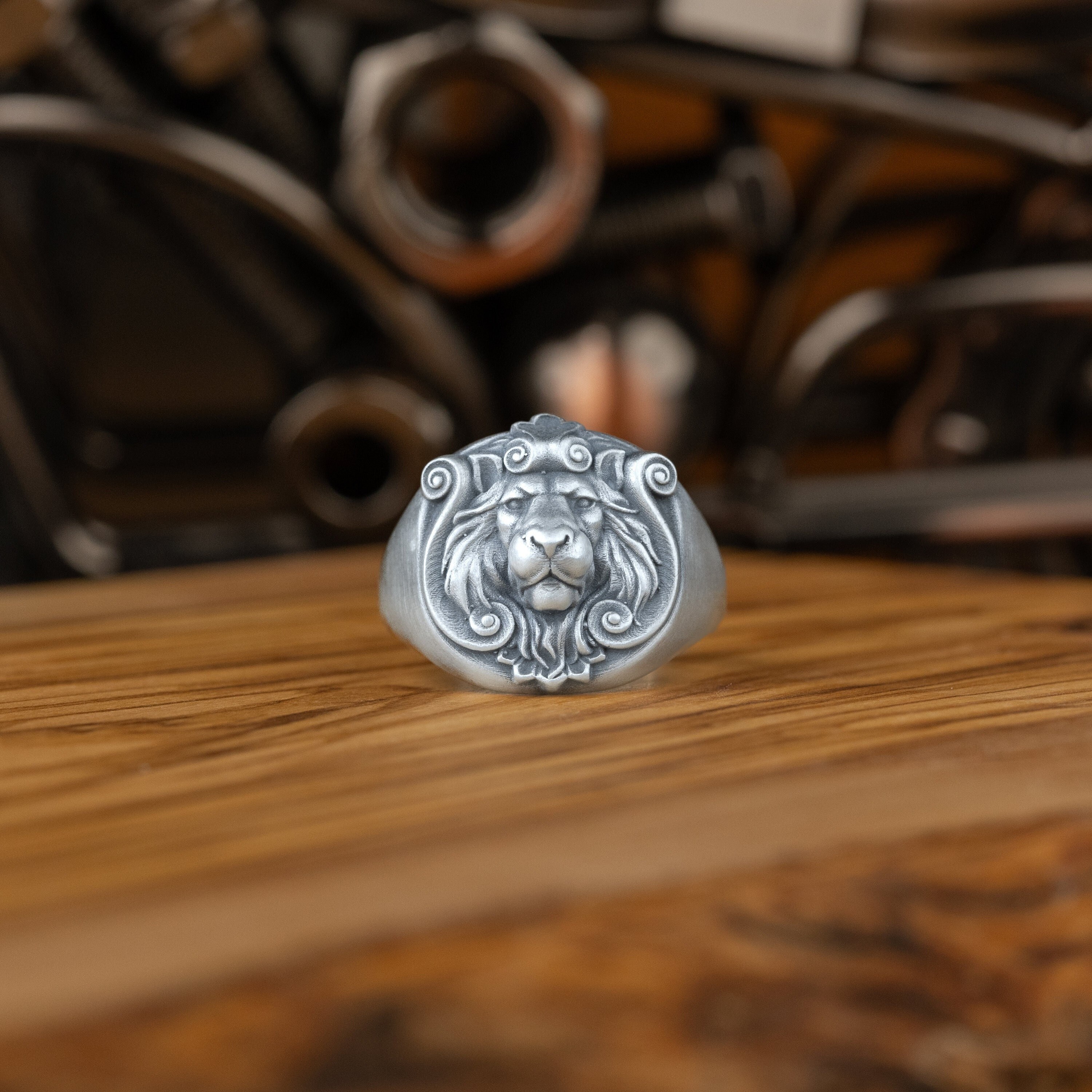 Male Lion in Victorian Motifs Silver Men Ring, Oxidized Pinky Signet ...