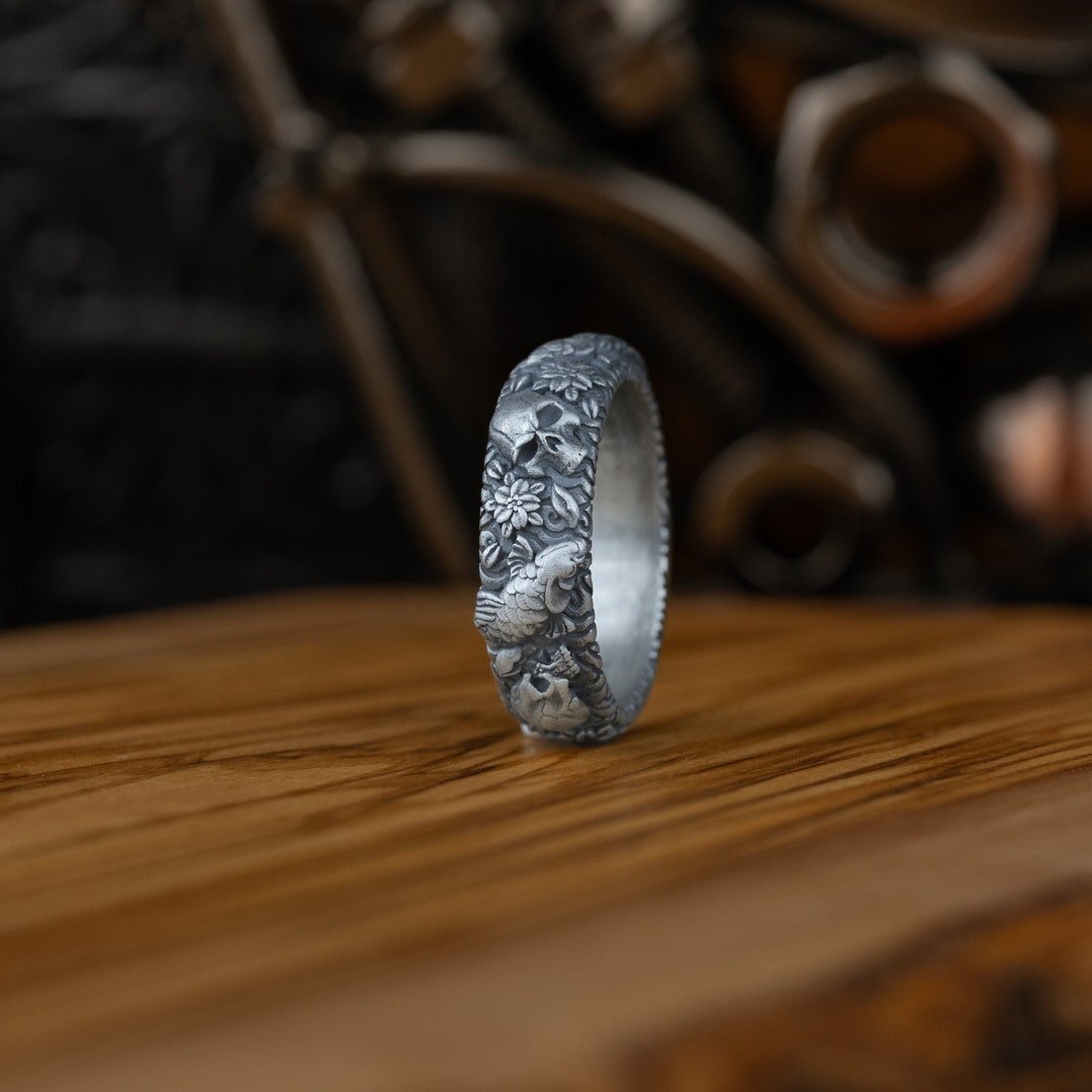 Silver Koi Carp Flower Skull Men Band Ring, 925 Silver Japanese Jewelry ...