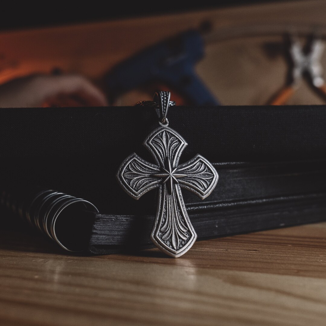 Floral Star Cross Necklace, Hand Carved Victorian Motifs in Christian ...