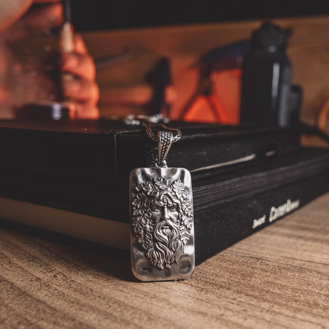 Druid Engraved Men Necklace in Silver, Oxidized Greenman Necklace ...