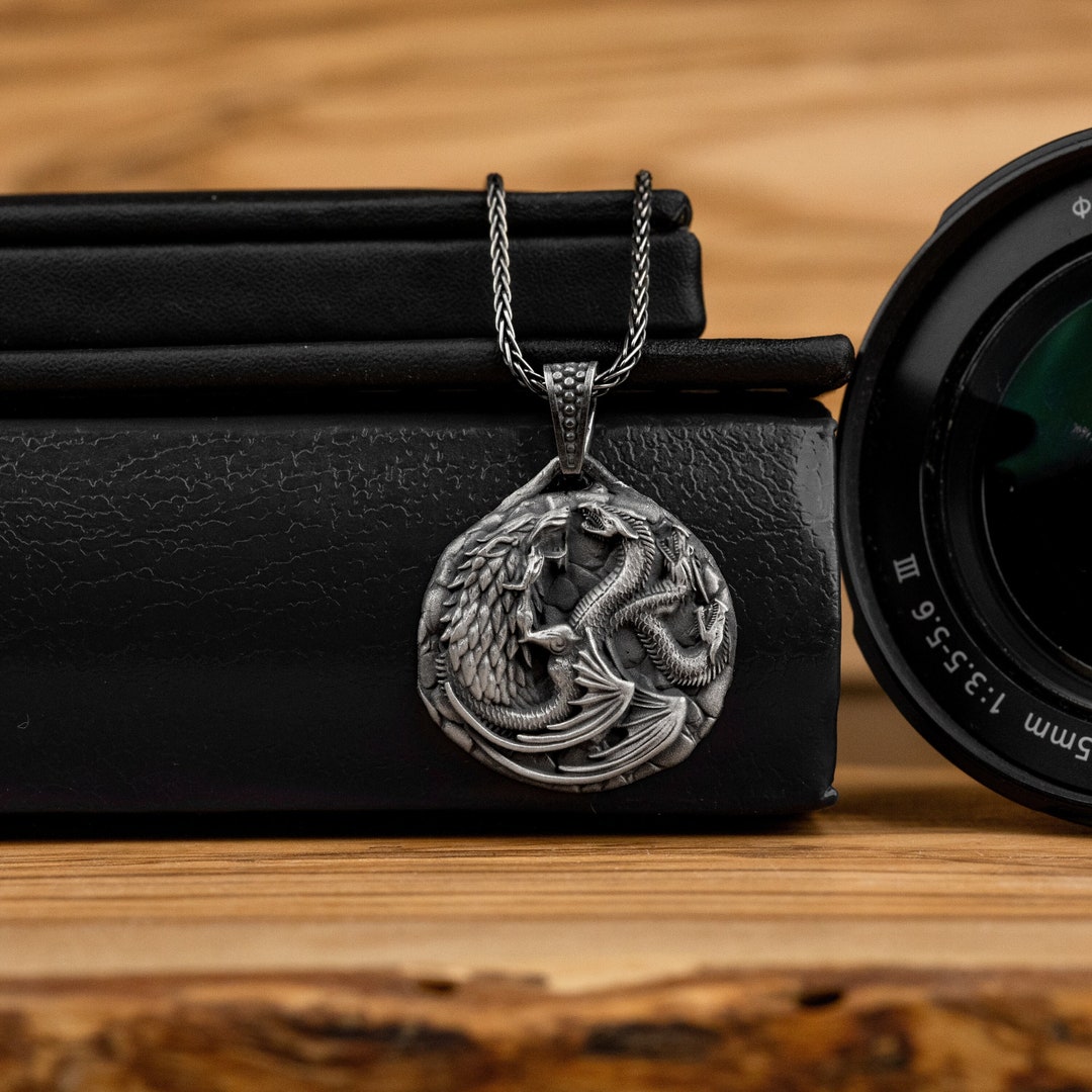 Silver Fighting Dragon and Wolf Men Necklace, Got Stark Targaryen ...