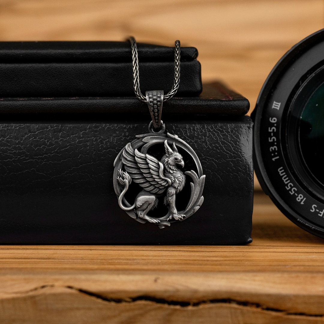 Engraved Griffin Silver Men Necklace, Sterling Silver Winged Lion ...