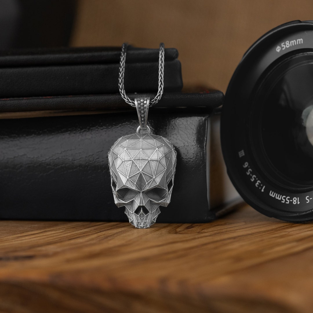 Triangle Textured Geometric Skull Necklace, 3D Skull Silver Pendant ...