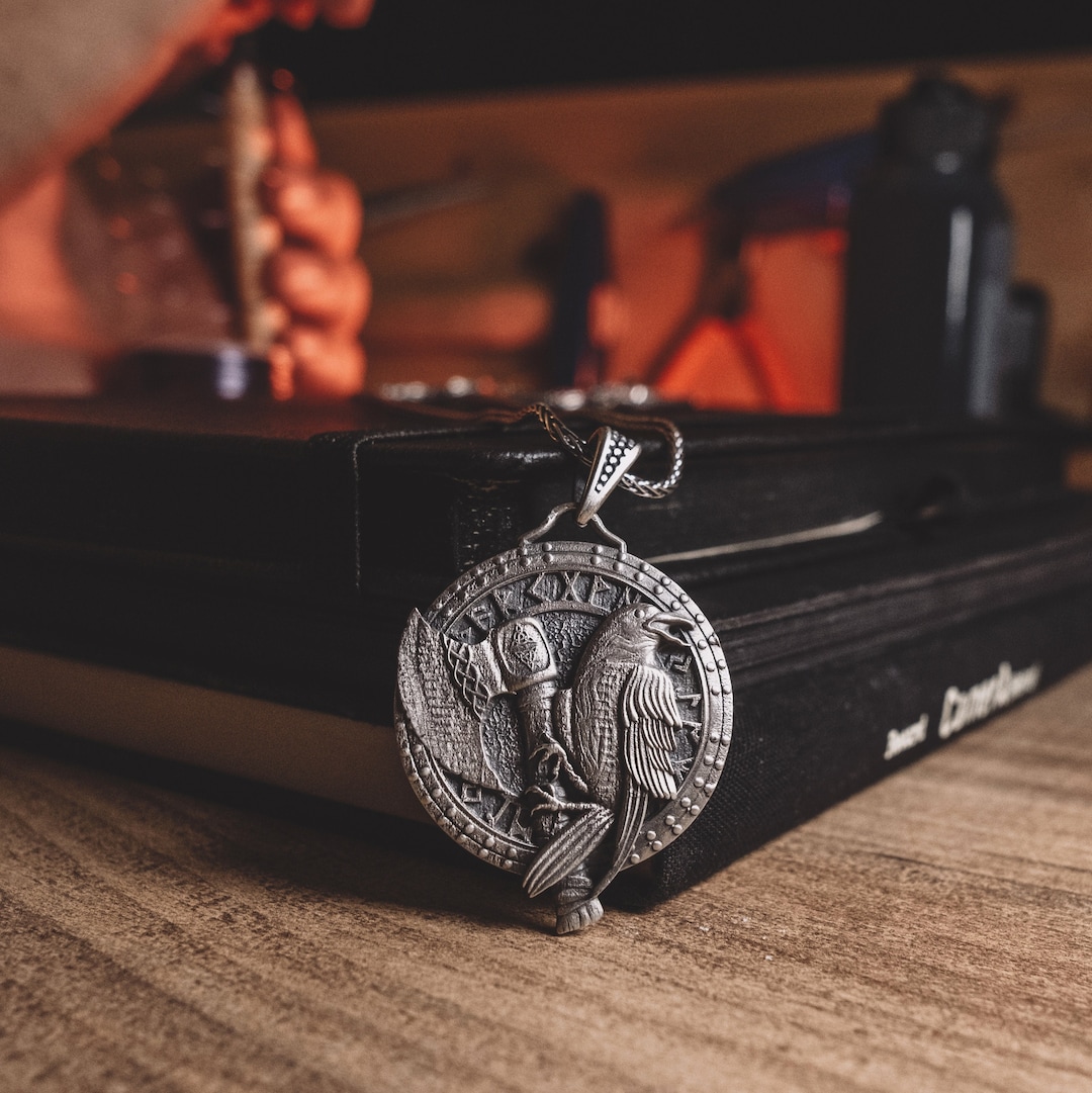 Viking Medallion Necklace With Raven and Axe for Men, Sterling Silver ...