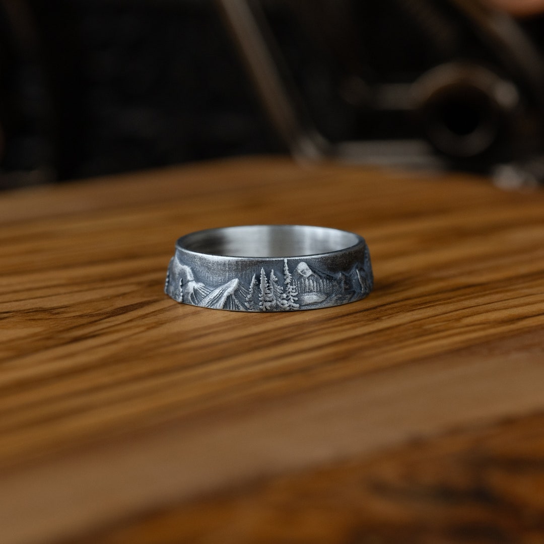 Big Mountains Sterling Silver Unique Men Ring, Travel Wedding Band Man ...