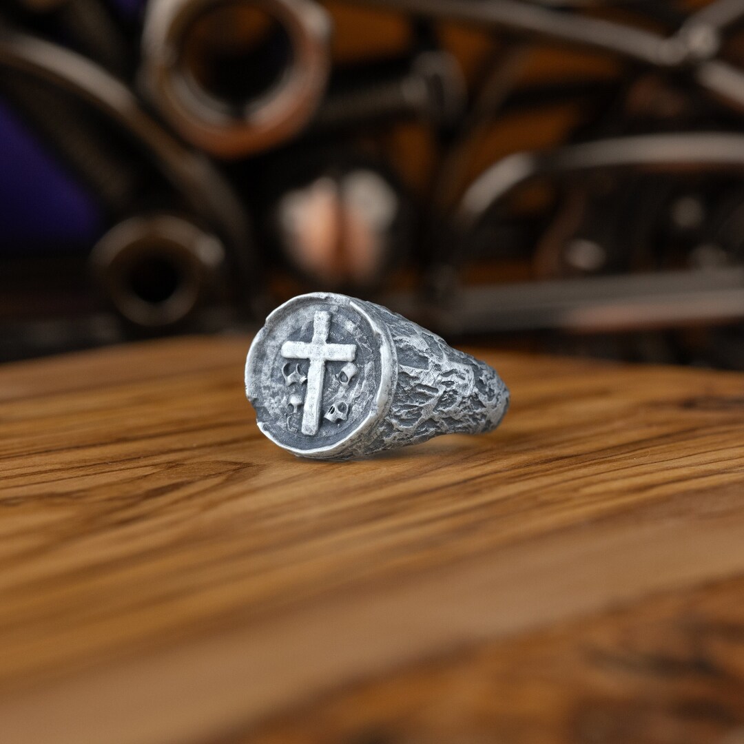 Engraved Unique Crucifix Symbol Signet Ring, Christian Pinky Men Ring ...