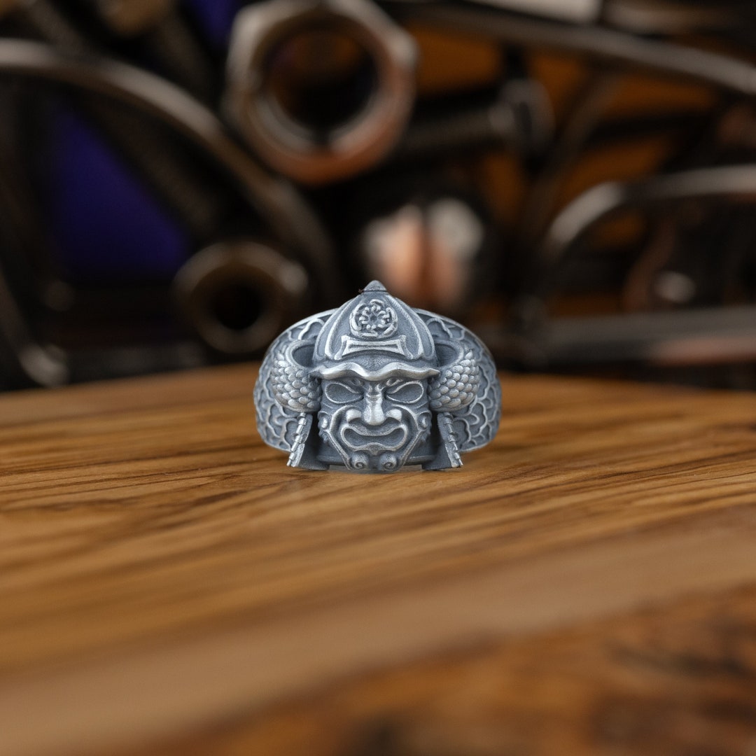 Japanese Samurai Engraved and Dragon Silver Men Ring, Dragon Skin ...