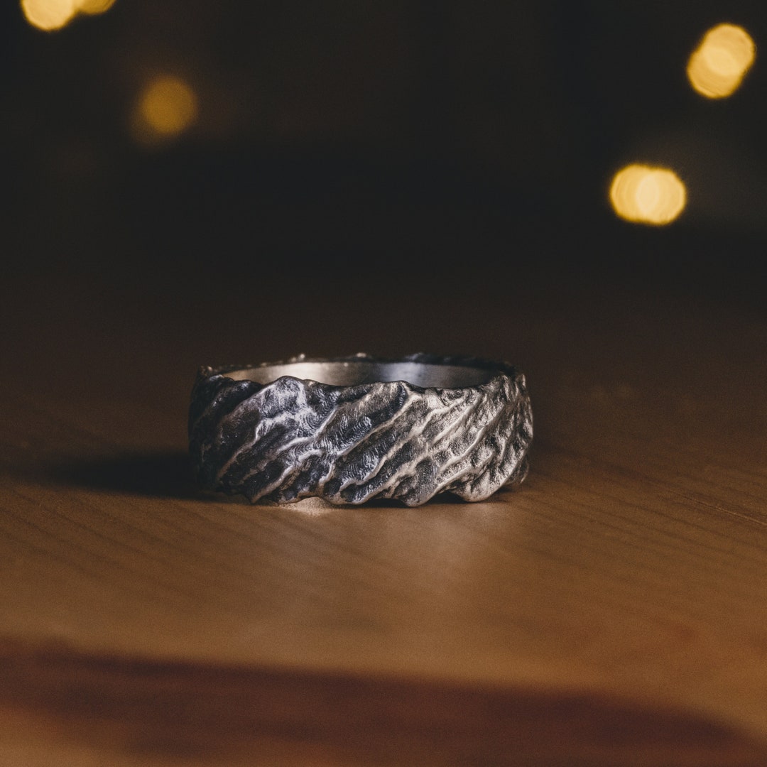 Rock Surface Unique Mens Engagement Ring in Oxidized Silver, Textured ...