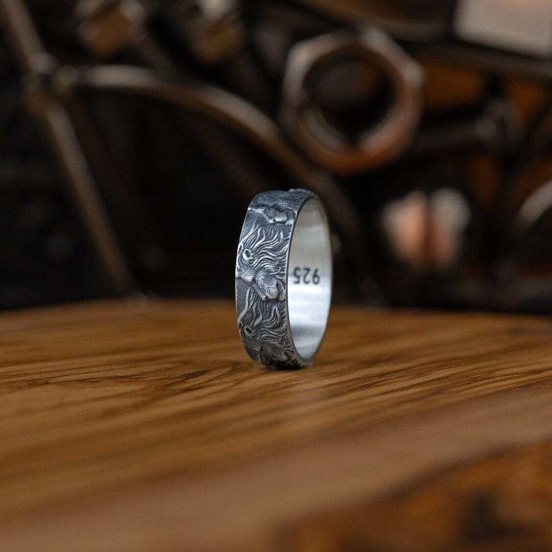 Male Lion Engraved Ring for Men, 925 Sterling Silver Men's Zodiac Sign ...