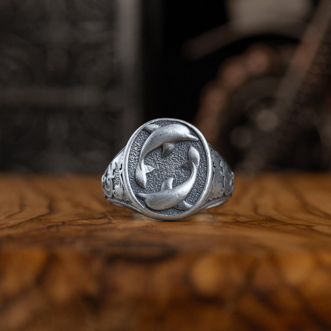 Cute Twin Dolphin Signet Ring in Silver for Men, Nautical Perfect Gift ...