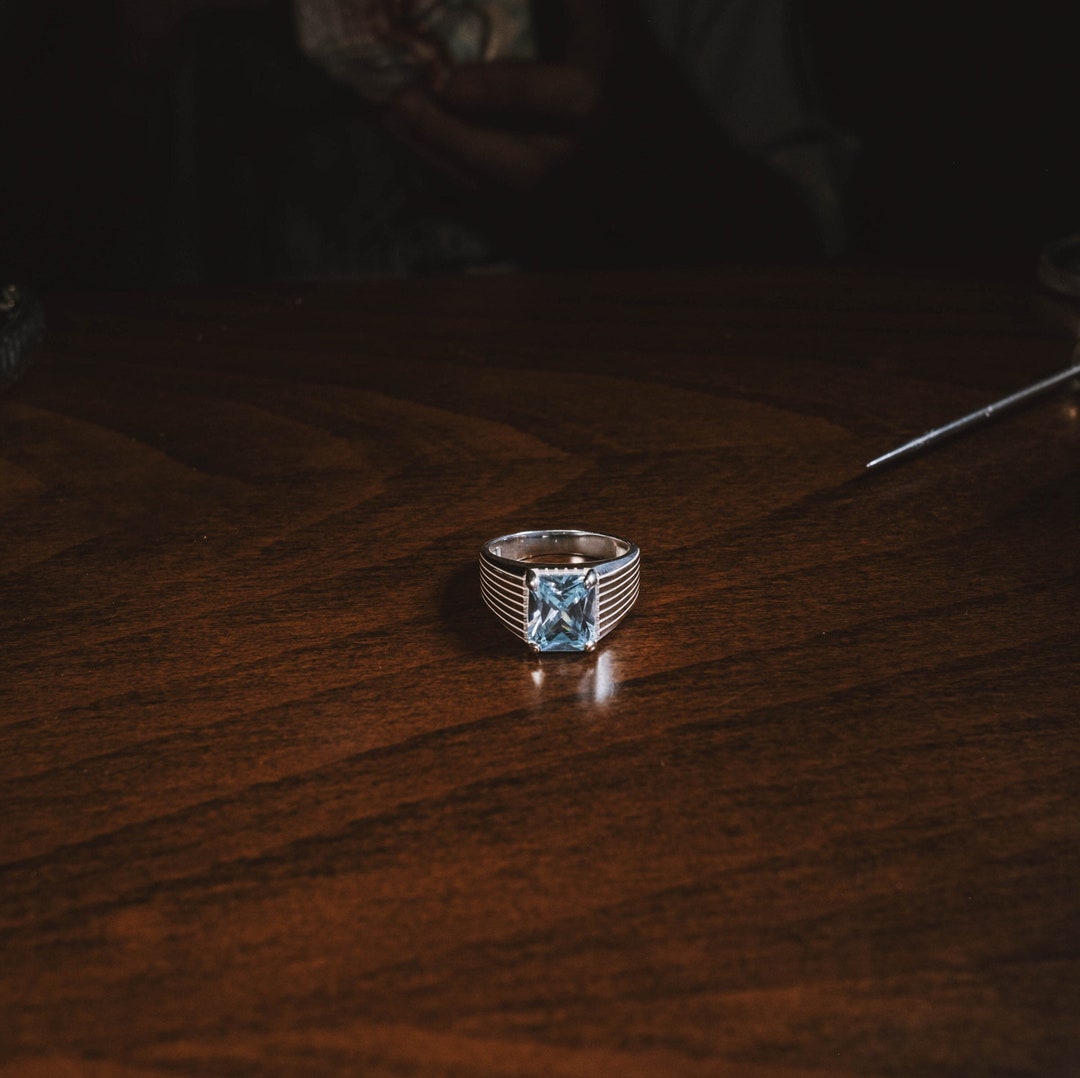 Blue Topaz Signet Ring for Men in Sterling Silver, Blue Gemstone ...