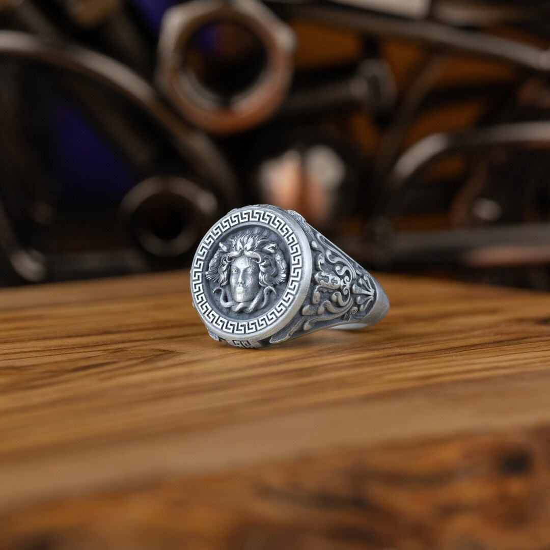 Medusa Gorgon Snake Head Greek Silver Men Ring, Antique Meander Pattern ...