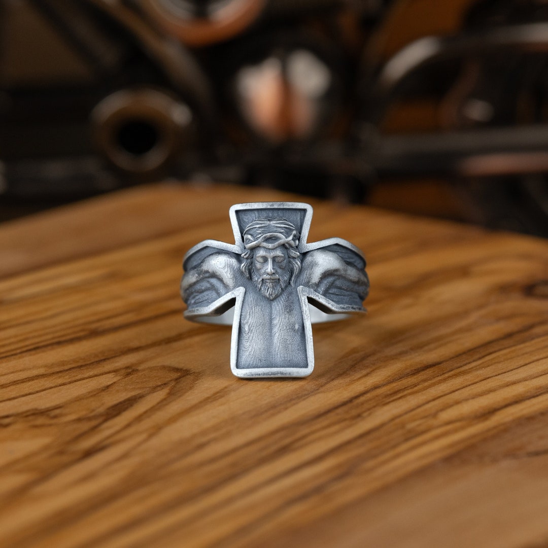 Engraved Jesus Crucifixion Signet Sterling Silver Ring, Christ Jesus ...
