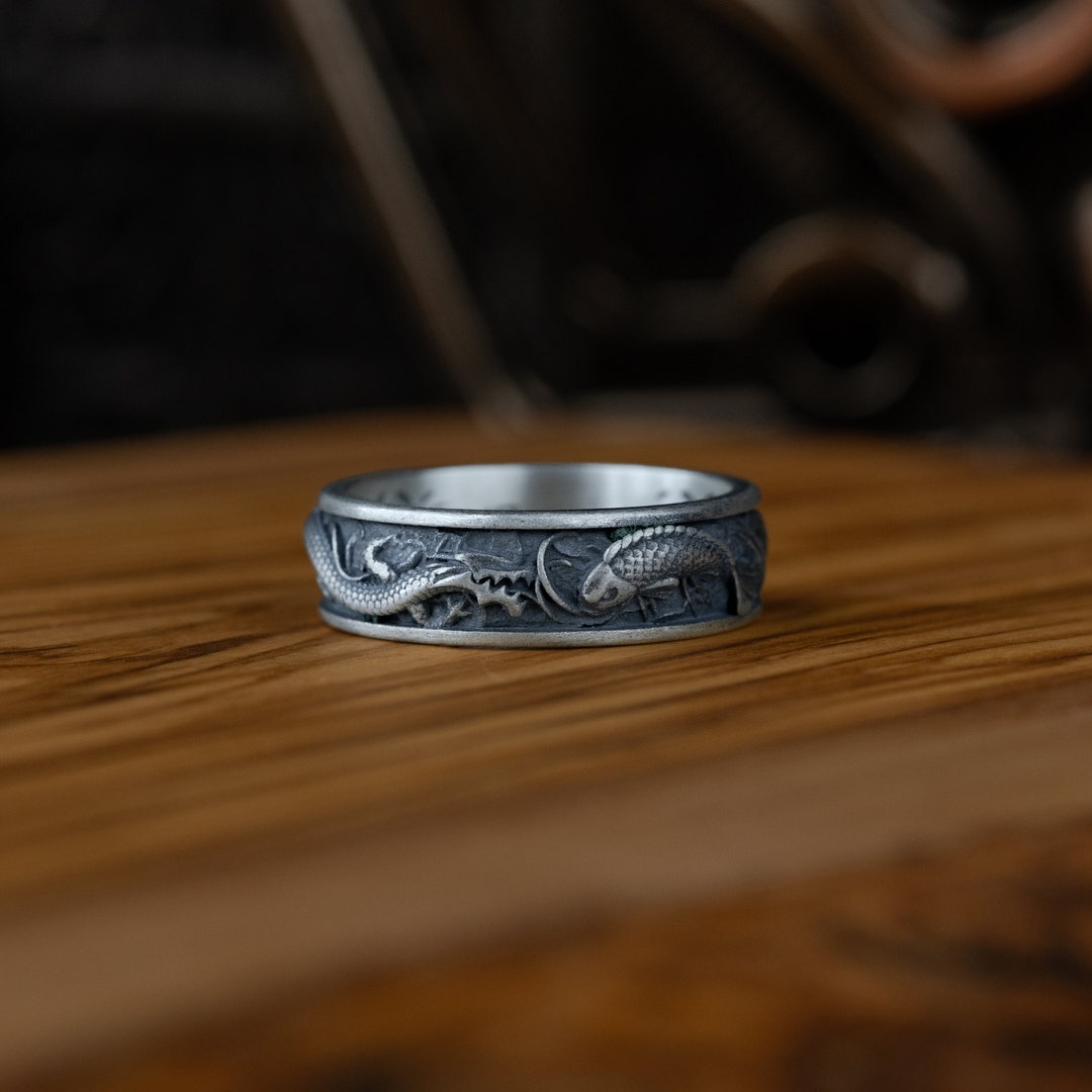 Dragon Vs Koi Carp Fish Men Ring in Silver, Japanese Traditional ...
