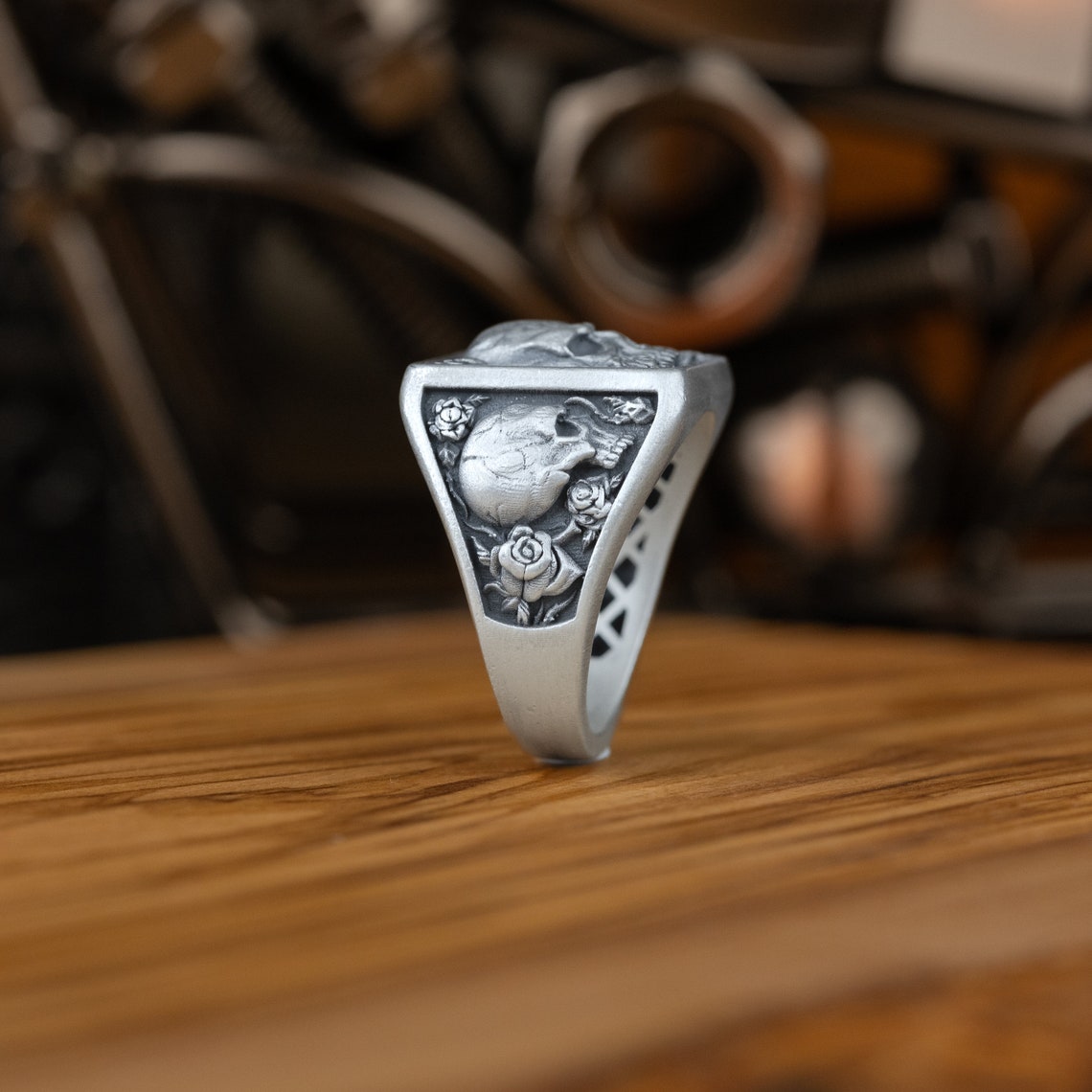 Skull and Rose One of A Kind Silver Men Ring, Floral Signet Ring for ...