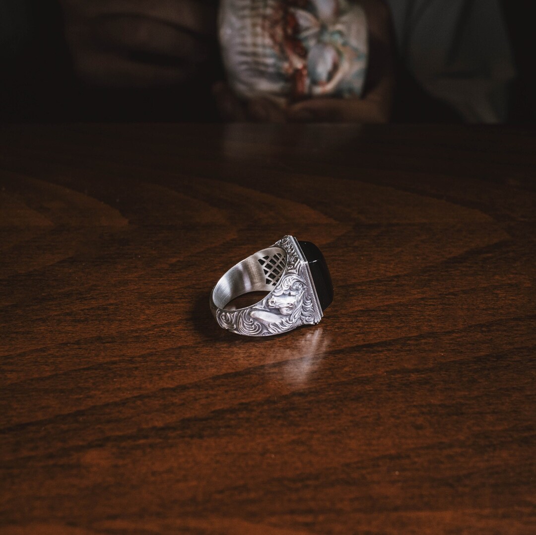 Engraved Unicorn Rectangle Onyx Ring in Silver, Large Onyx Statement ...