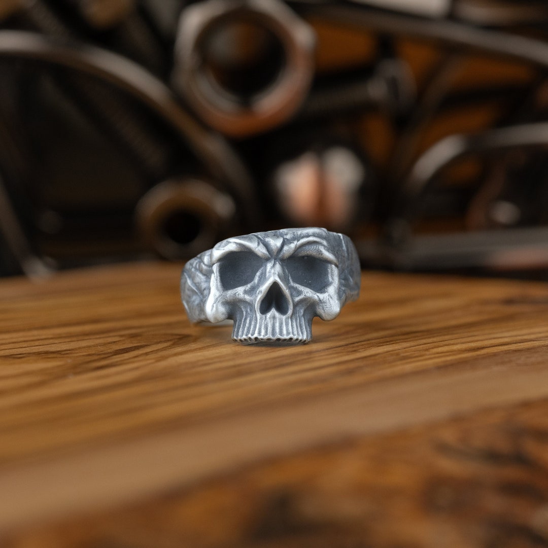 Half Skull Head Bones Men Silver Ring, Sterling Silver Half Skull Ring ...