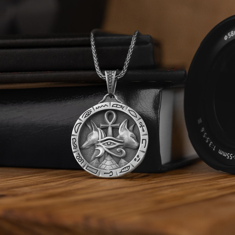 Anubis and Bast Egyptian Hieroglyphics Silver Necklace, Egyptian Cross ...