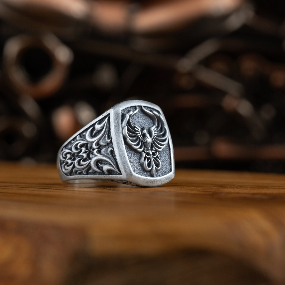 Signet Phoenix Men Minimalist Ring in Silver, Greek Mythology Fire Bird ...