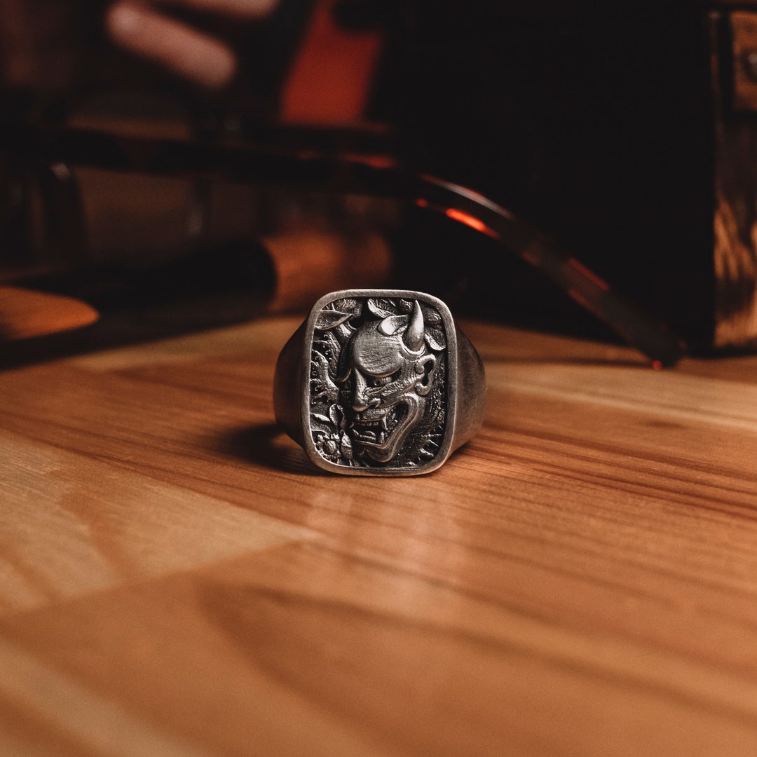 Oni Demon Japanese Art Mens Silver Ring, Demon Engraved Signet Ring for ...