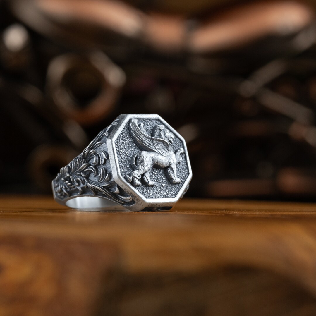 Winged Lion Signet Men Ring in Mythologic Symbol, Boho Lion Jewelry in ...