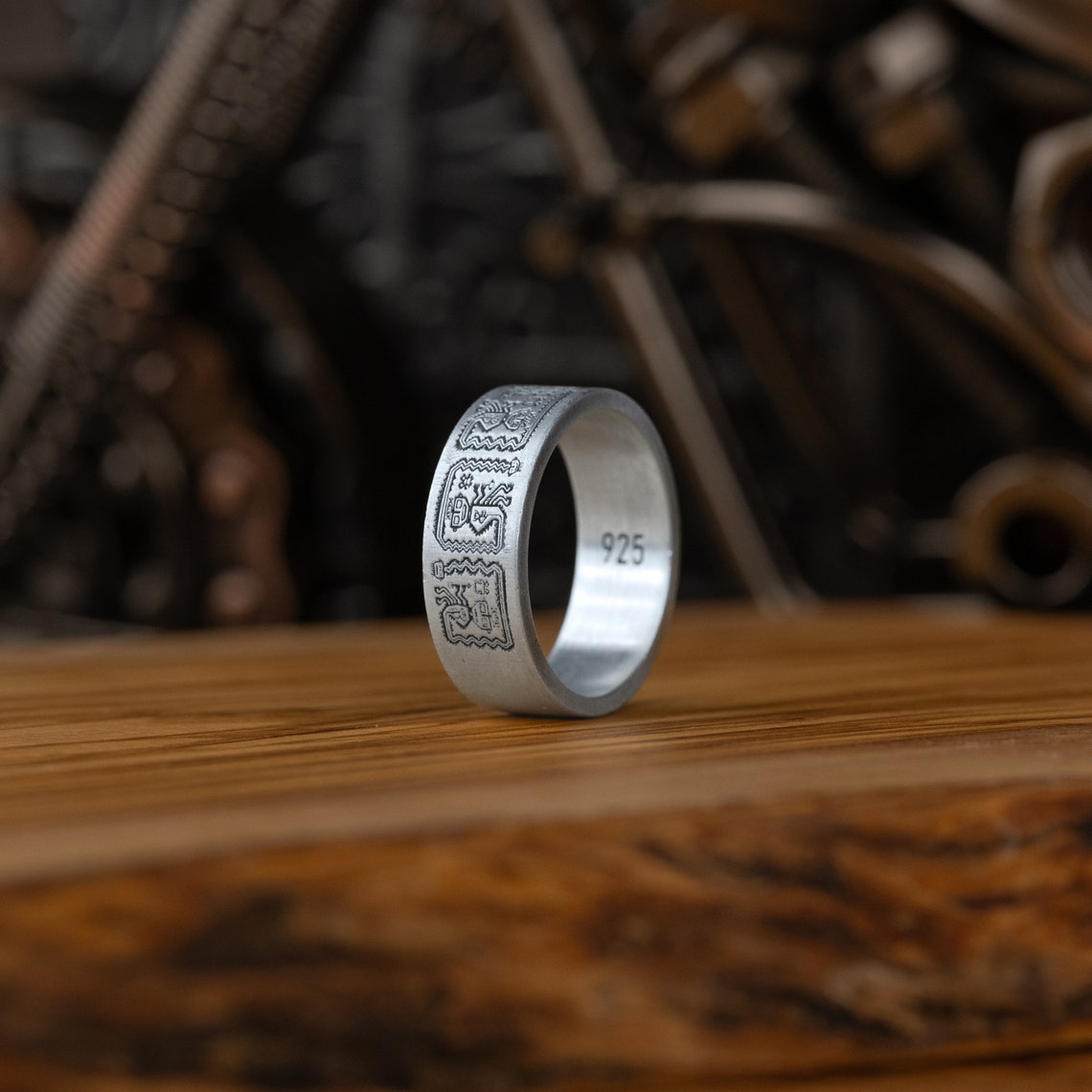 Aztec and Mayan Hieroglyphics Silver Band Ring, Ancient Unique Mens ...