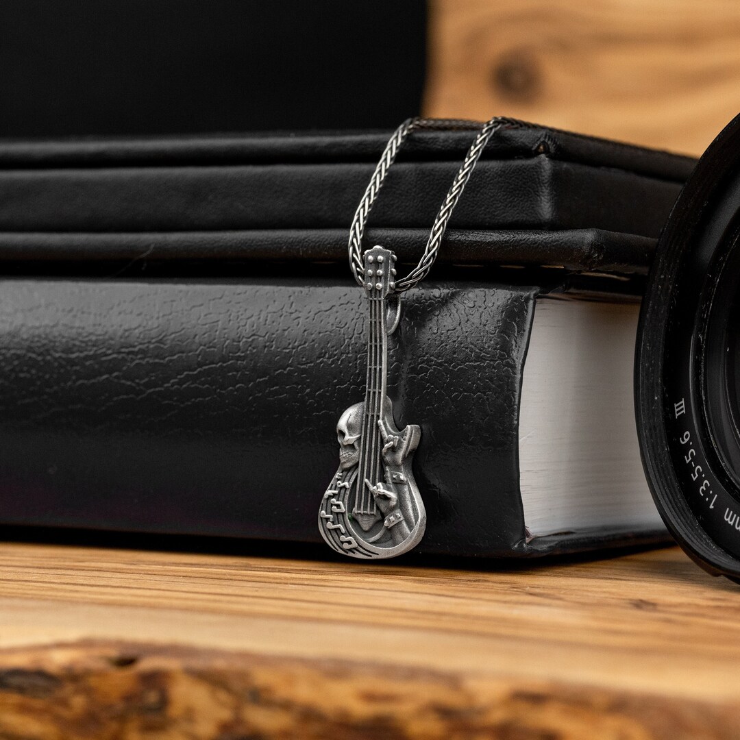 Unique Guitar With Guitarist Silver Men Necklace, Rock N Roll Guitar ...